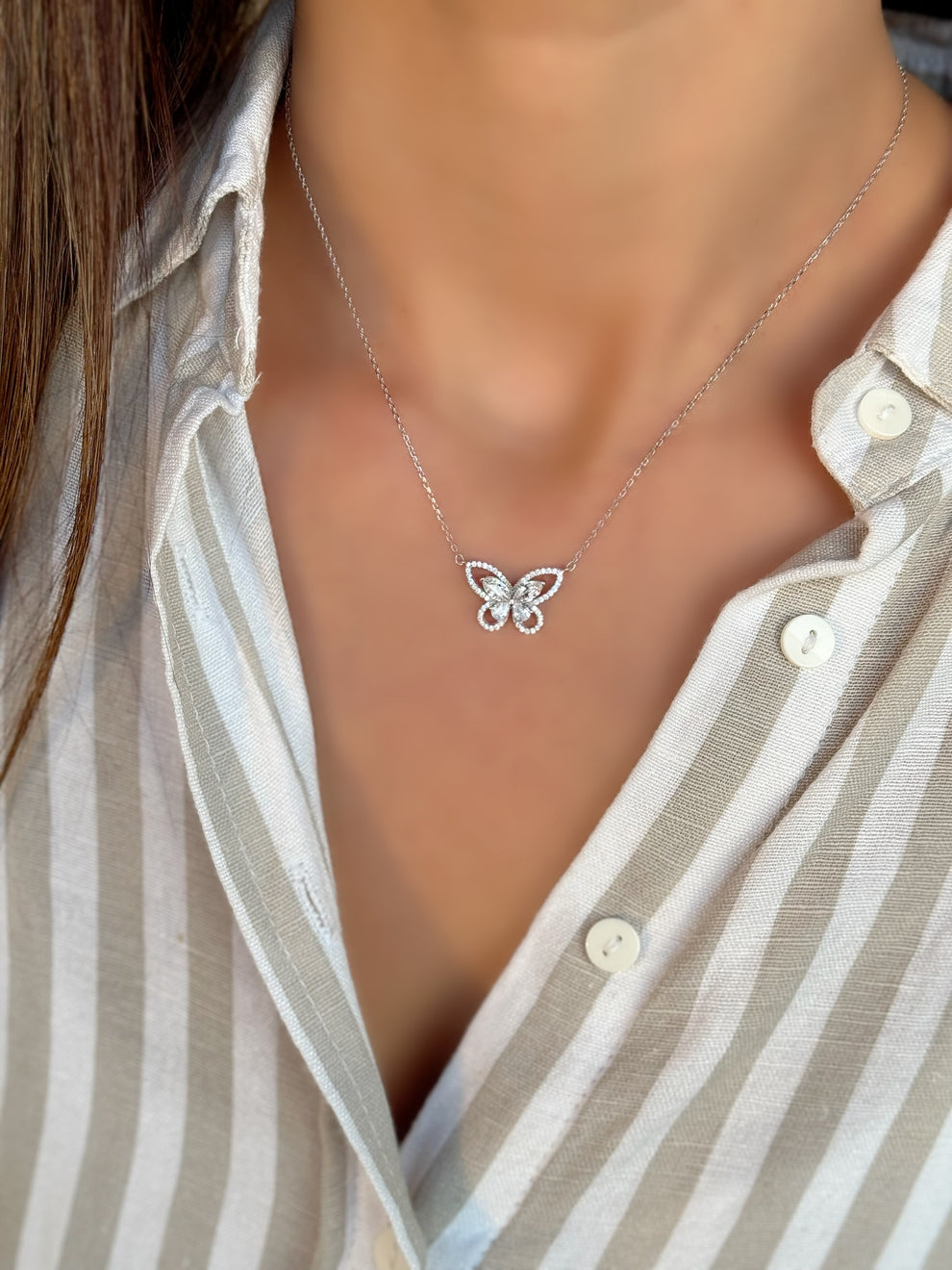 Butterfly Design Necklace With Big White Stones – Azalea Silver Jewelry